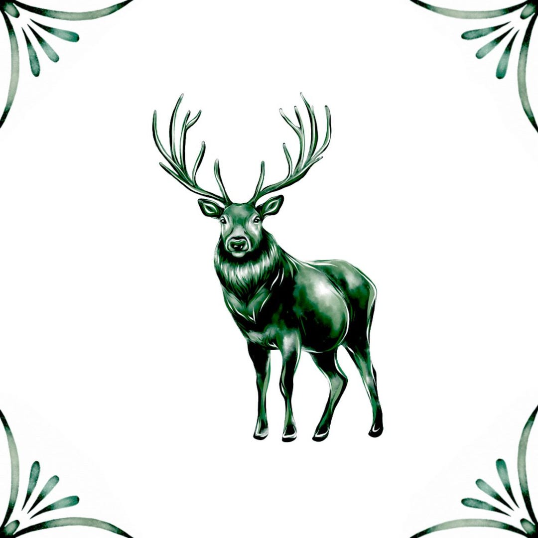 Delft Green Ceramic Tile- Stag Reindeer︱bathroom Tile, Splashback ...