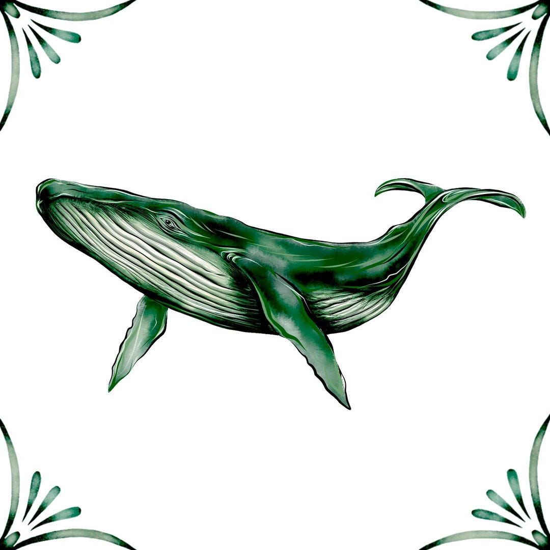 Delft Green Ceramic Tile- Blue Whale︱bathroom Tile, Splashback, Kitchen ...