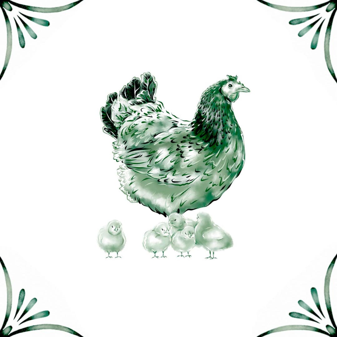Delft Green Ceramic Tile- Hen and Chicks︱bathroom Tile, Splashback ...