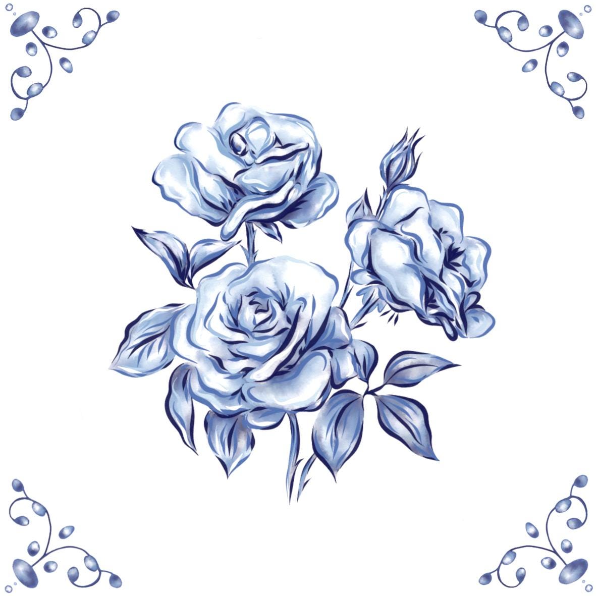 Delft Blue Ceramic Tile- Rose︱bathroom Tile, Splashback, Kitchen Tiles ...