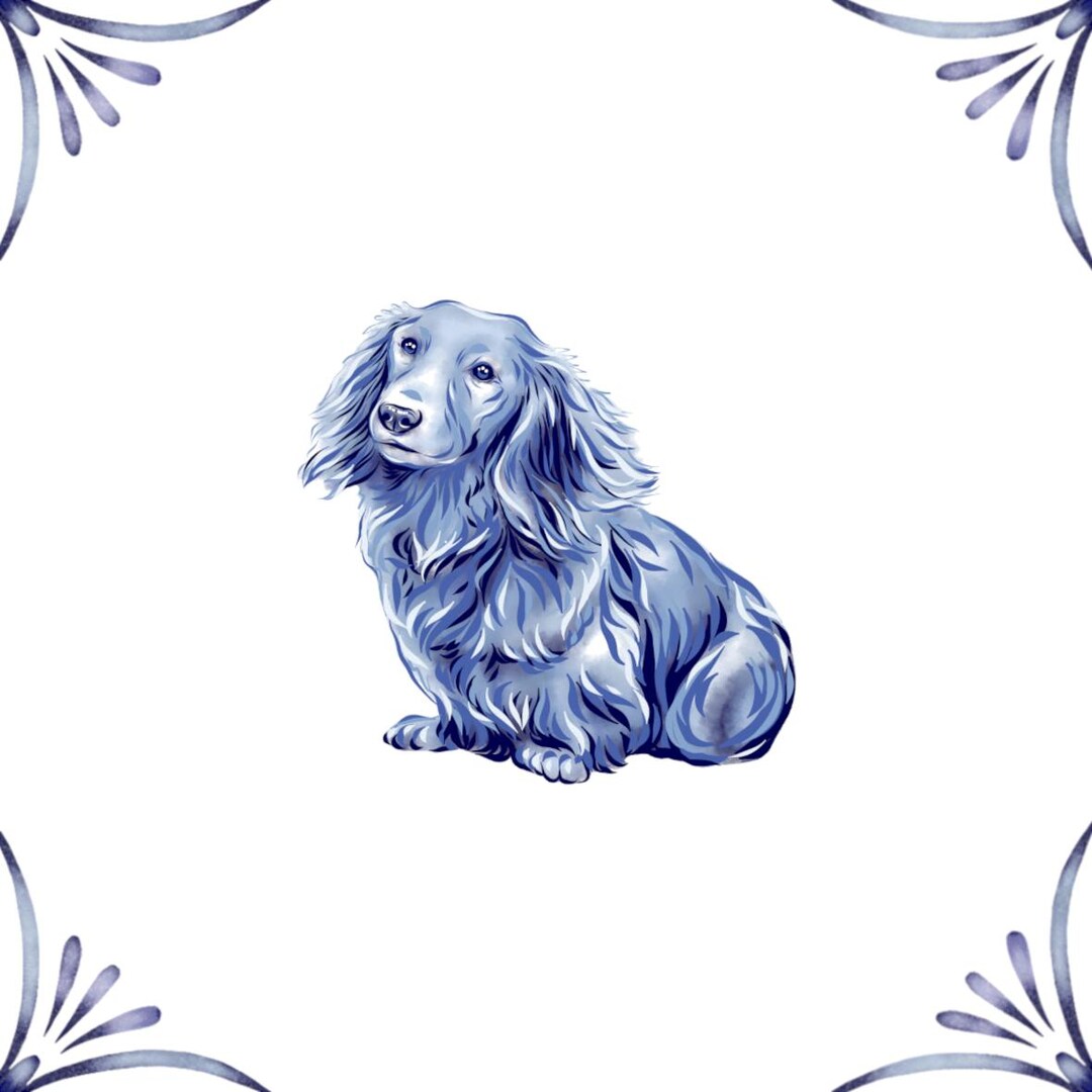 Delft Blue Ceramic Tile- Long Haired Dachshund Dog︱bathroom Tile ...