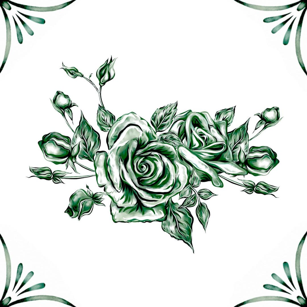 Delft Green Ceramic Tile- Rose Cluster︱bathroom Tile, Splashback ...