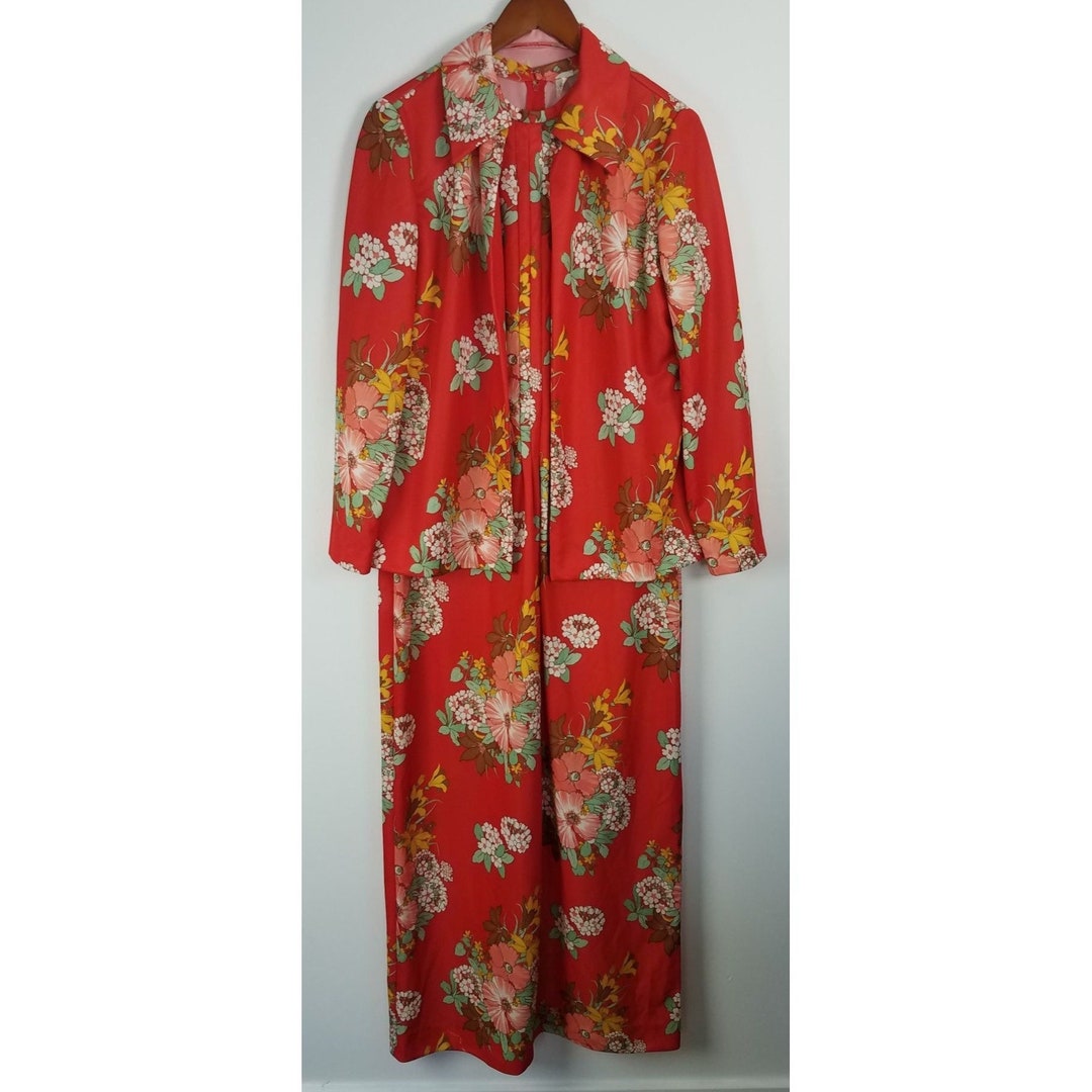 Vtg. 70's A Leslie Fay Original Union Made Sz. L Floral Maxi 2 Piece ...