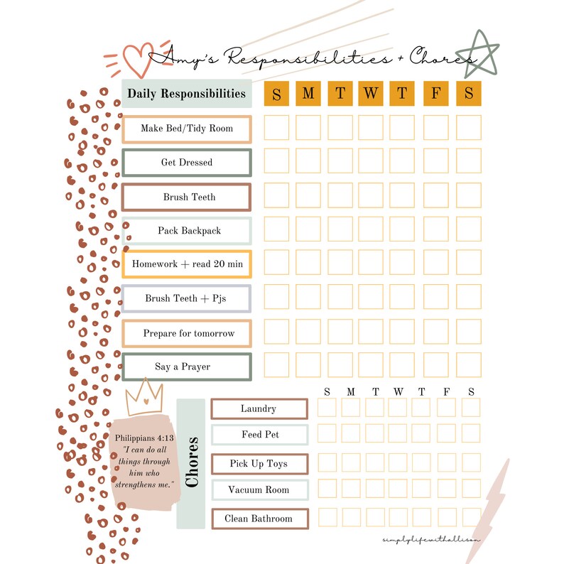 Responsibility/chore Chart for Kids - Etsy
