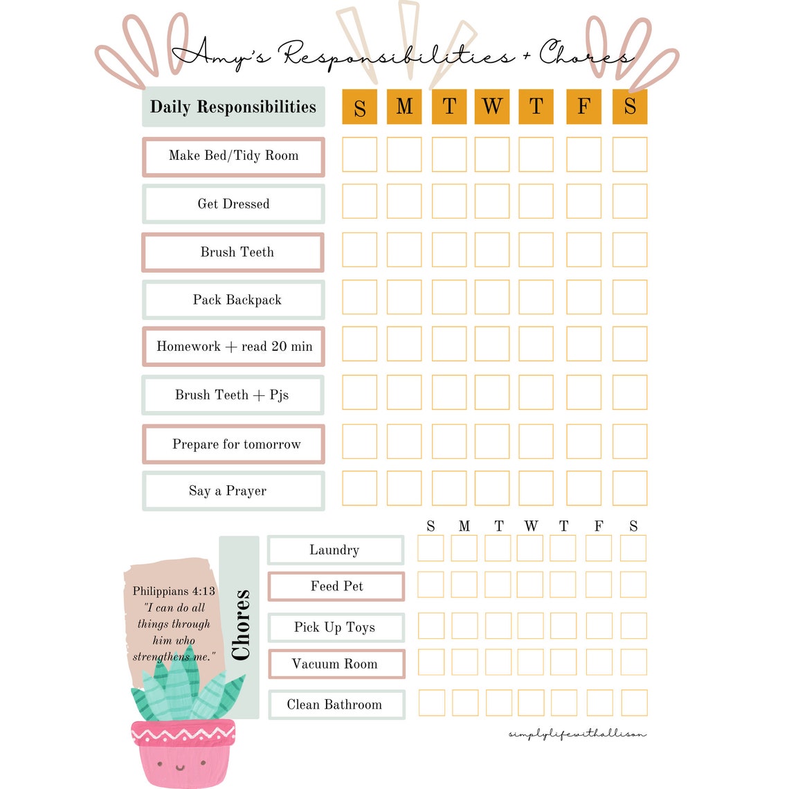 Responsibility/chore Chart for Kids - Etsy