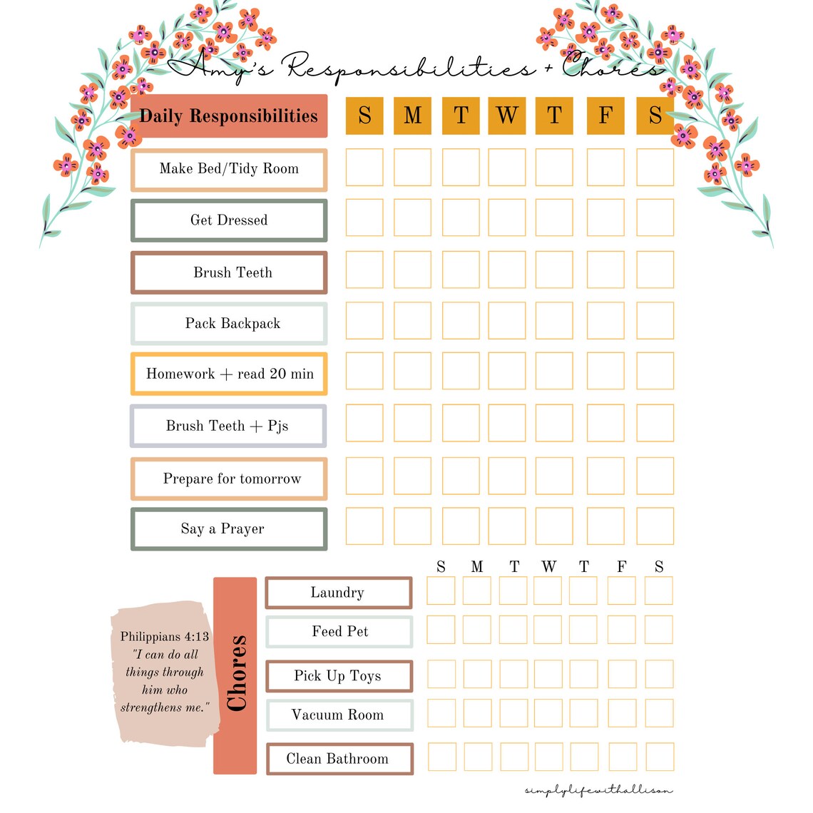 Responsibility/chore Chart for Kids - Etsy