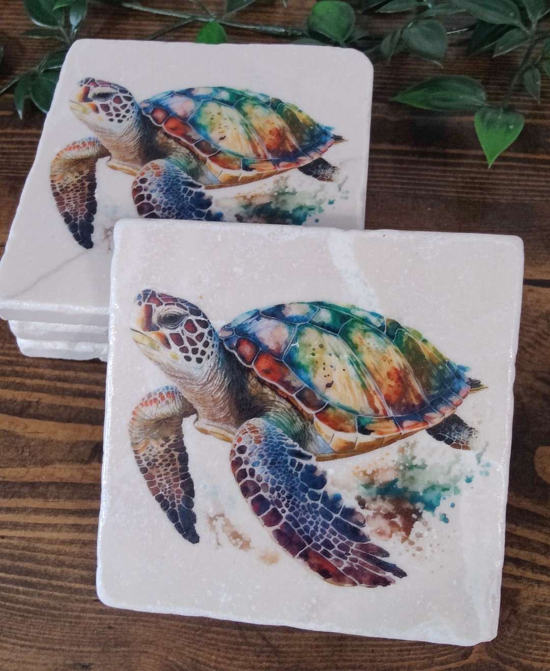 Sea Turtle Rustic Marble Drinks Coasters, Nautical Coasters, Unique Sea ...