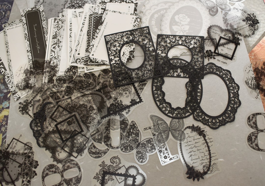 100 Pieces Black and White Lace Theme Scrapbooking Pack, Junk Journal ...