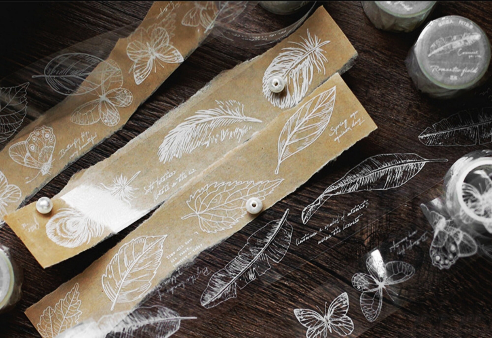White Ink Butterfly, Hibiscus, Feather, Plantain PET Masking Tape for ...