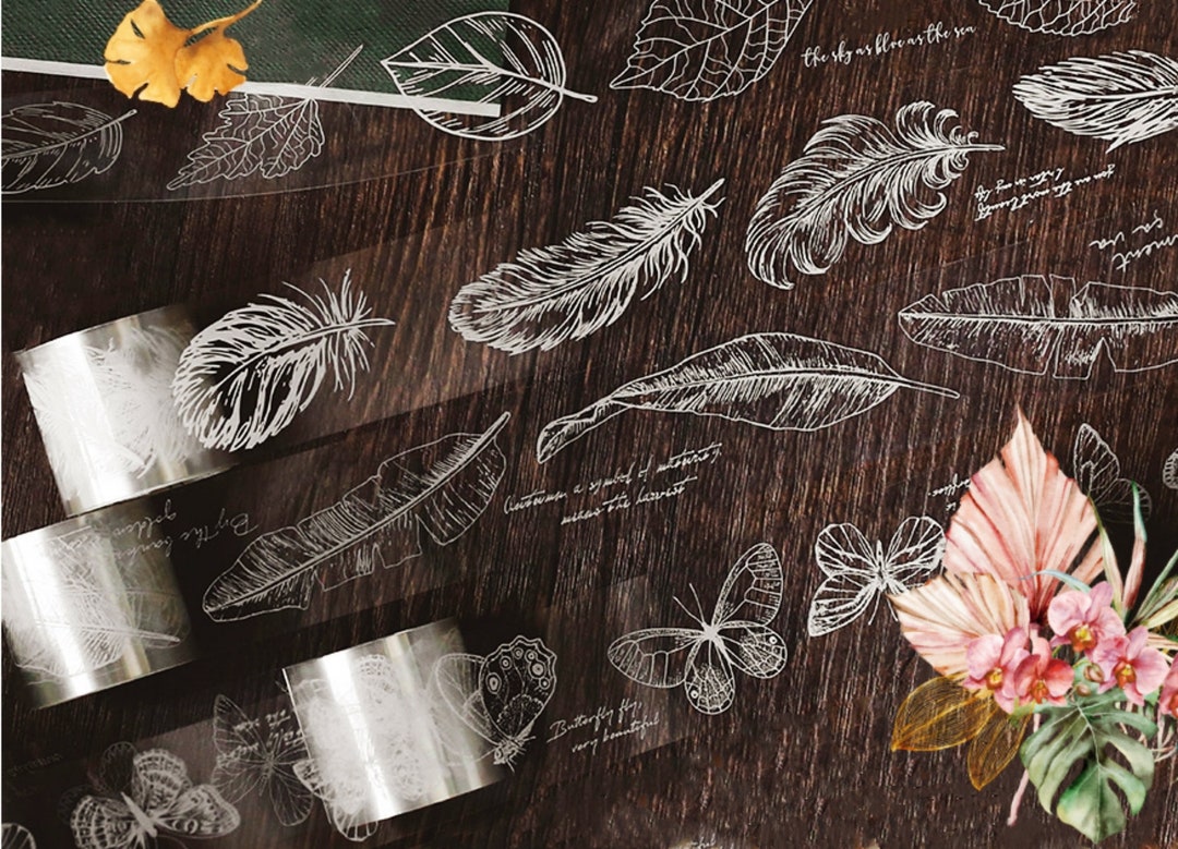 White Ink Butterfly, Hibiscus, Feather, Plantain PET Masking Tape for ...