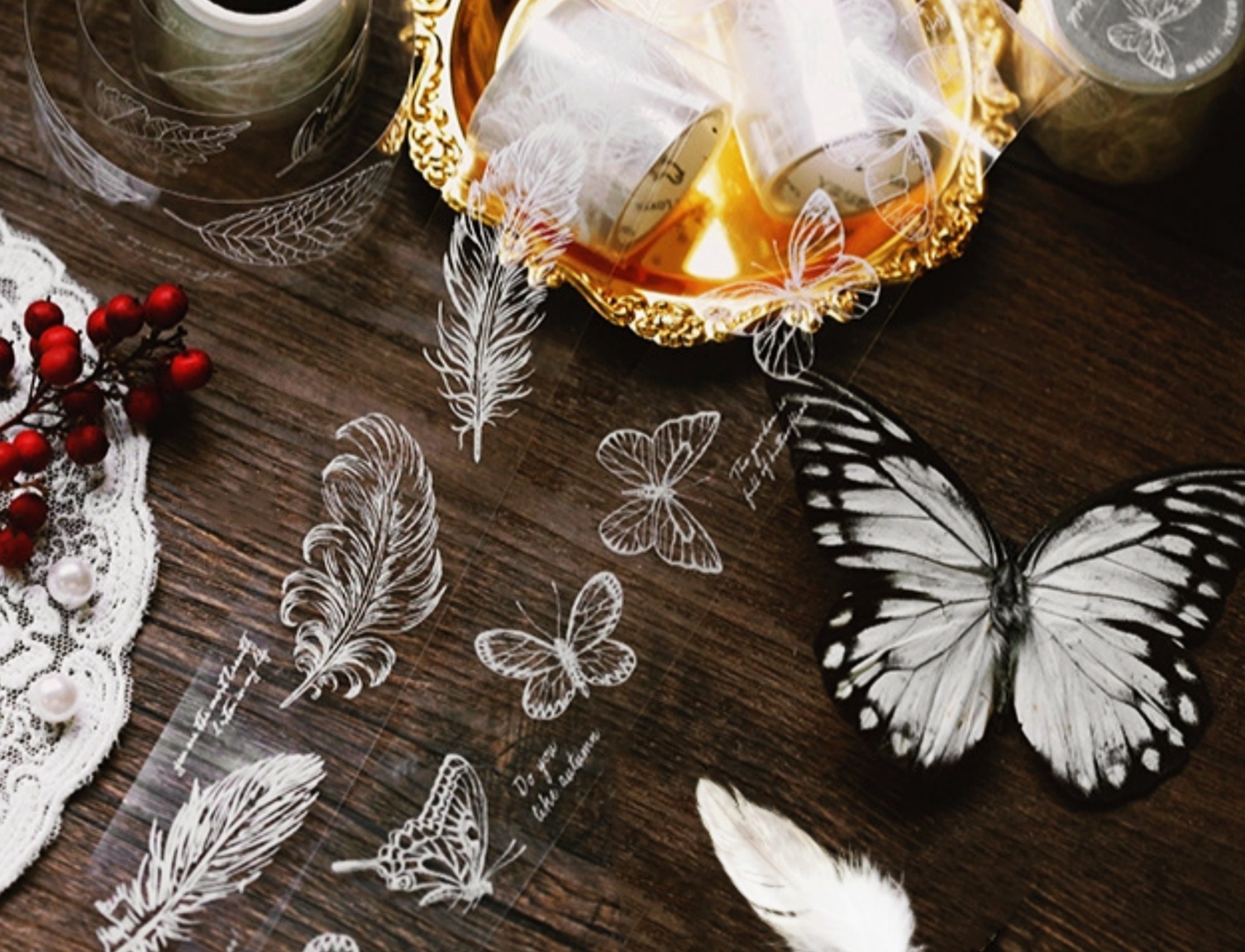 White Ink Butterfly, Hibiscus, Feather, Plantain PET Masking Tape for ...
