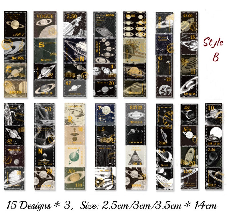 Space, Planets, Maps Vintage Style Postage Stamp Stickers, Gold Foil ...