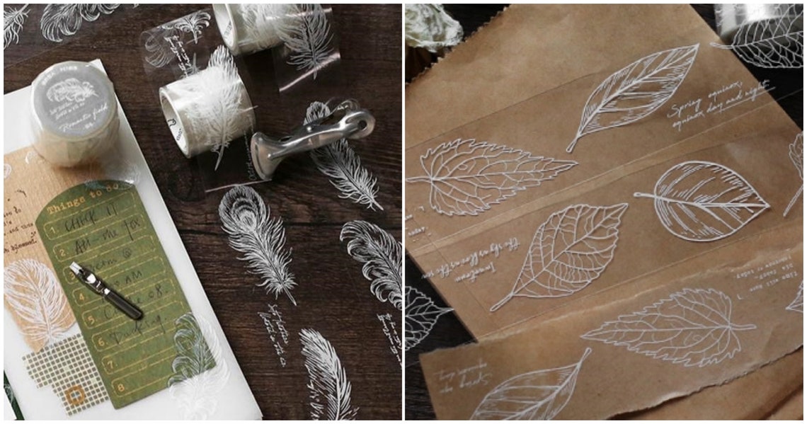 White Ink Butterfly, Hibiscus, Feather, Plantain PET Masking Tape for ...