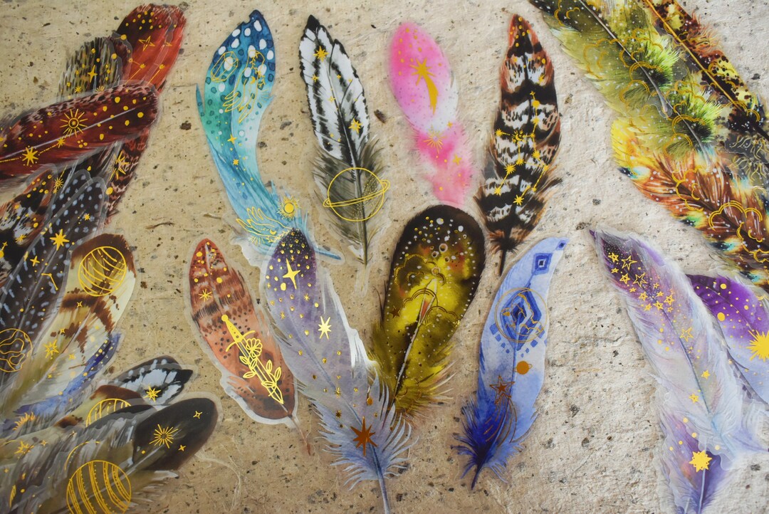 Multi-colored Gold Foil Feather Stickers Set, Large PET Feather Deco ...