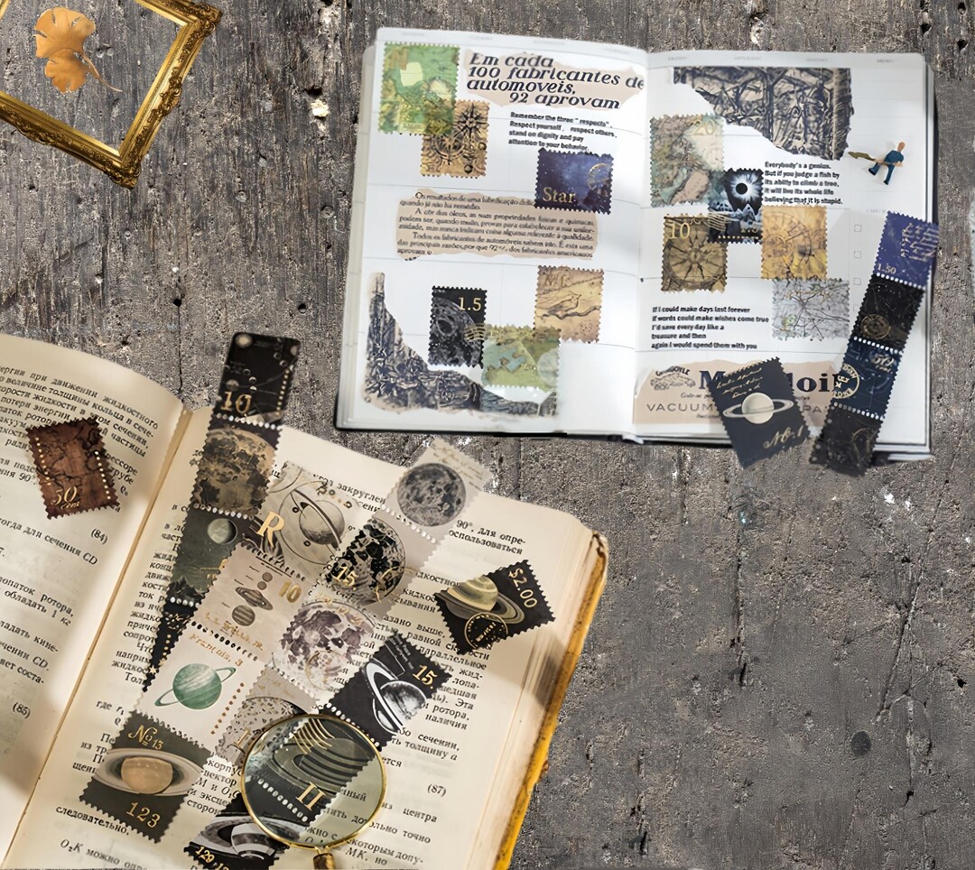 Space, Planets, Maps Vintage Style Postage Stamp Stickers, Gold Foil ...