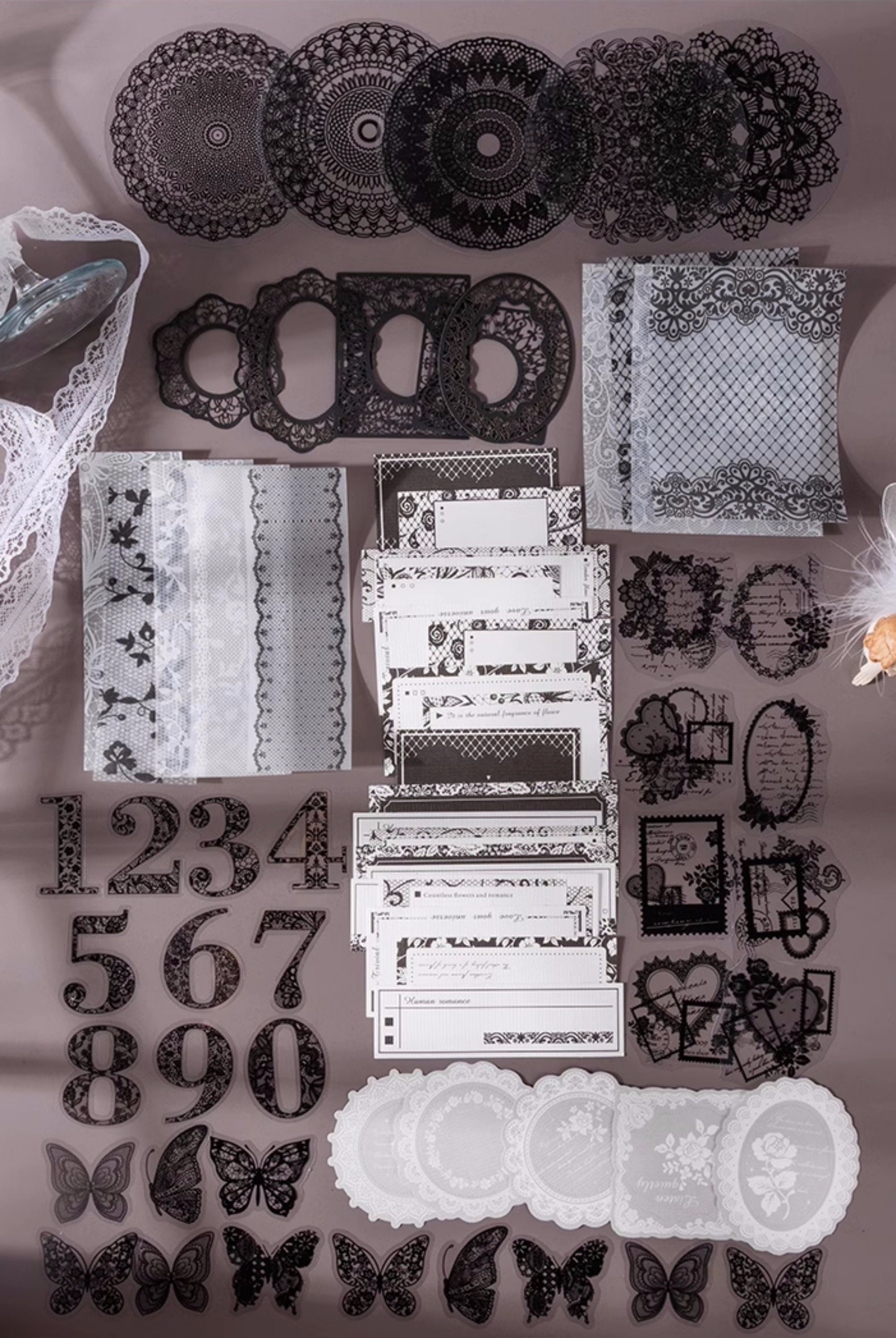 100 Pieces Black and White Lace Theme Scrapbooking Pack, Junk Journal ...