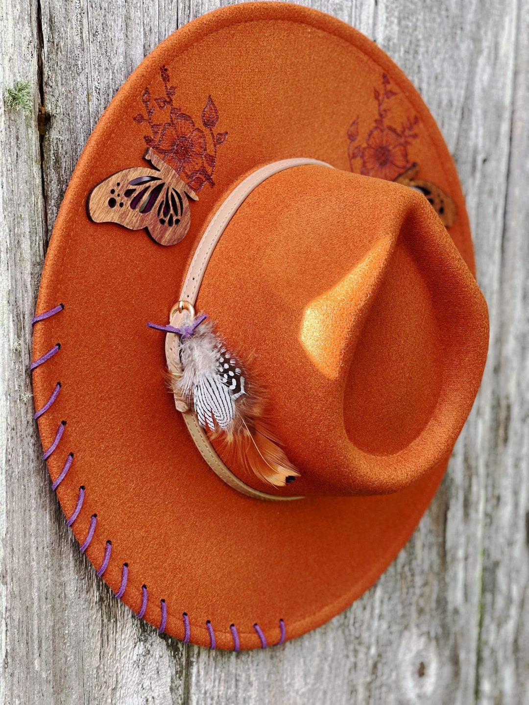 Monarch Butterfly Hand Burning Stained Glass Hat, Fedora Hat, Panama ...