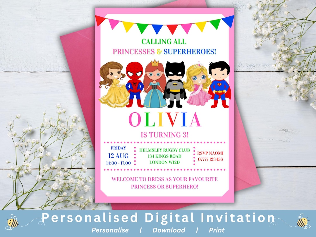 Pink Princesses Superheroes Birthday Party Invitation Princess ...