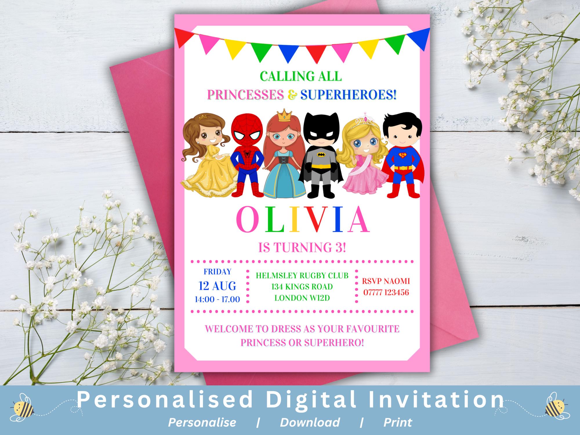 Pink Princesses Superheroes Birthday Party Invitation Princess ...