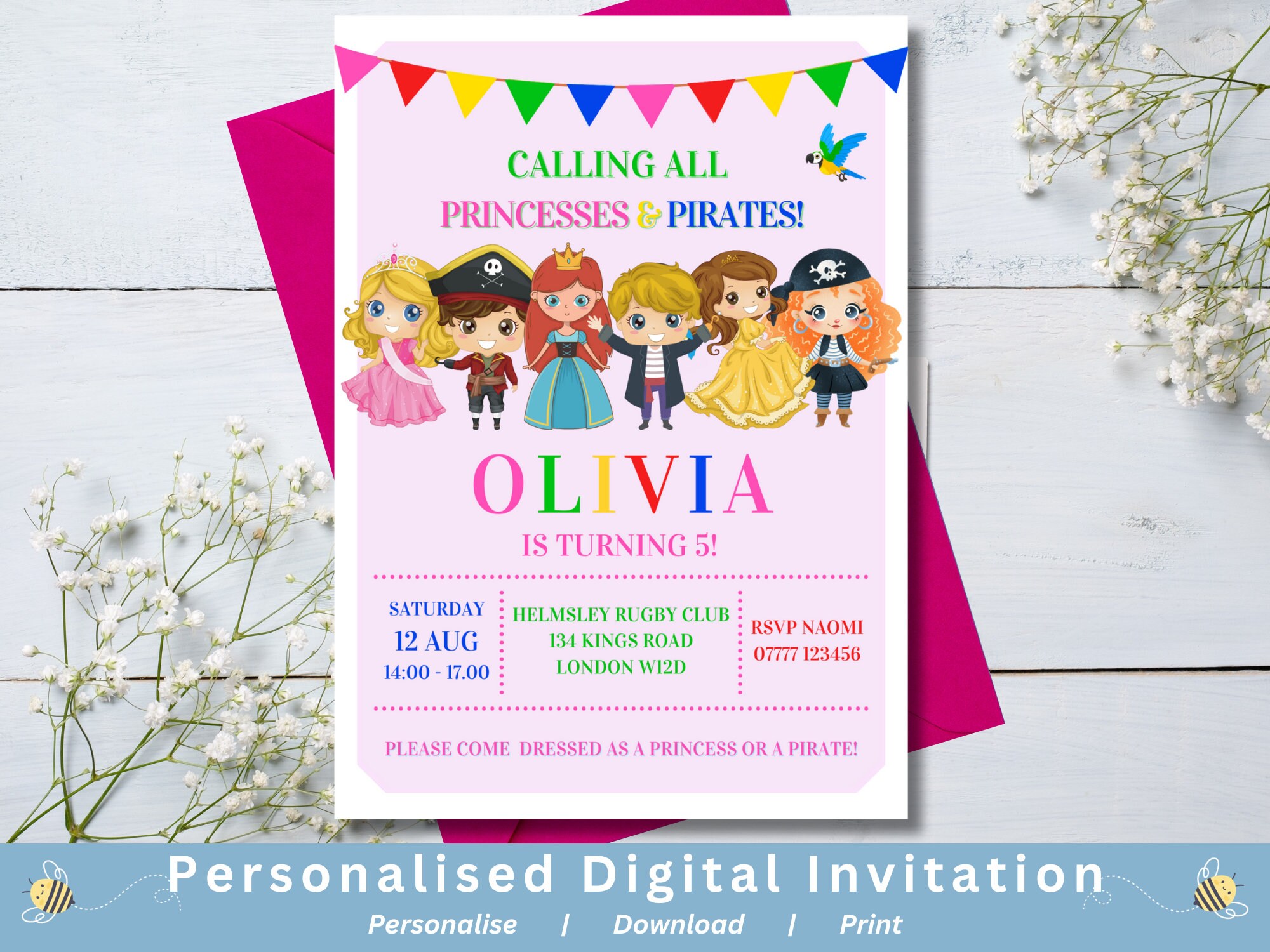 Pink Princesses Pirates Birthday Party Invitation Princess Pirates ...