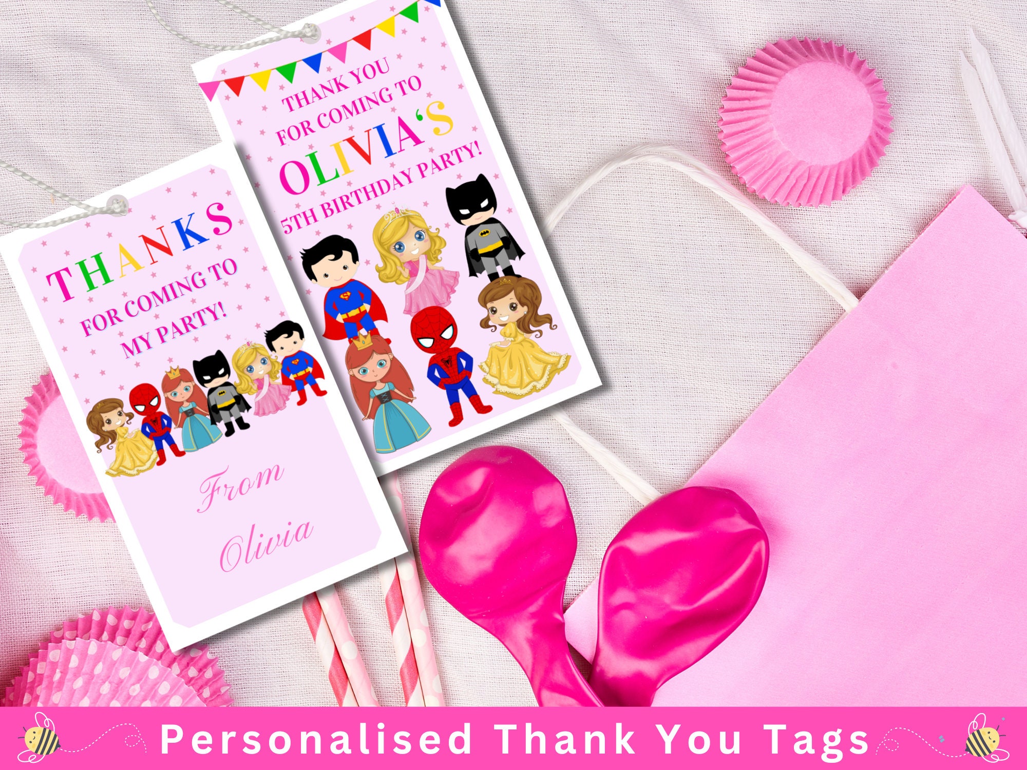 Pink Princesses Superheroes Theme Birthday Party Bundle Personalized ...