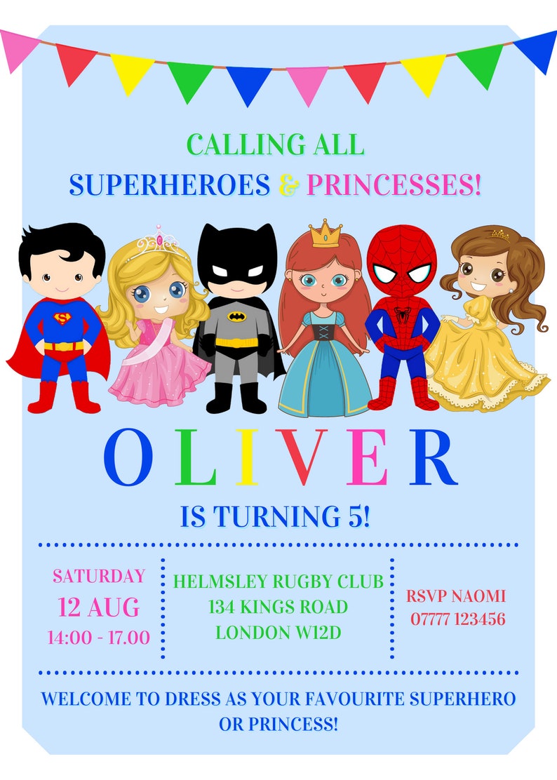 Superhero Princess Birthday Party Invitation: Personalised Invite ...