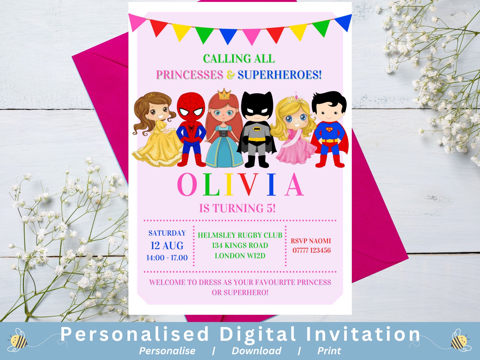 Pink Princesses Superheroes Birthday Party Invitation Princess ...