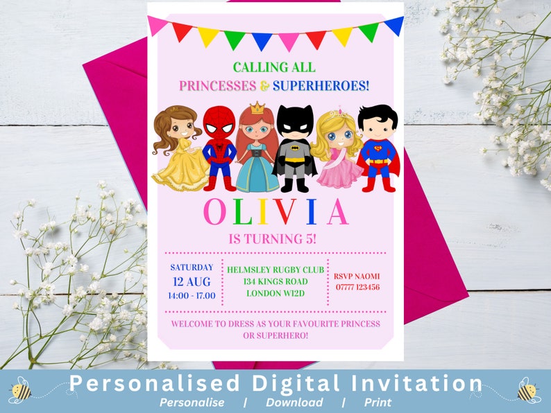 Pink Princesses Superheroes Birthday Party Invitation Princess ...