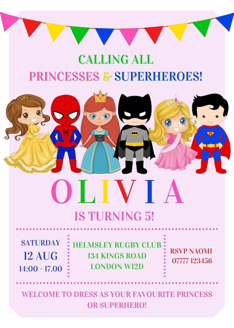 Pink Princesses Superheroes Birthday Party Invitation Princess ...