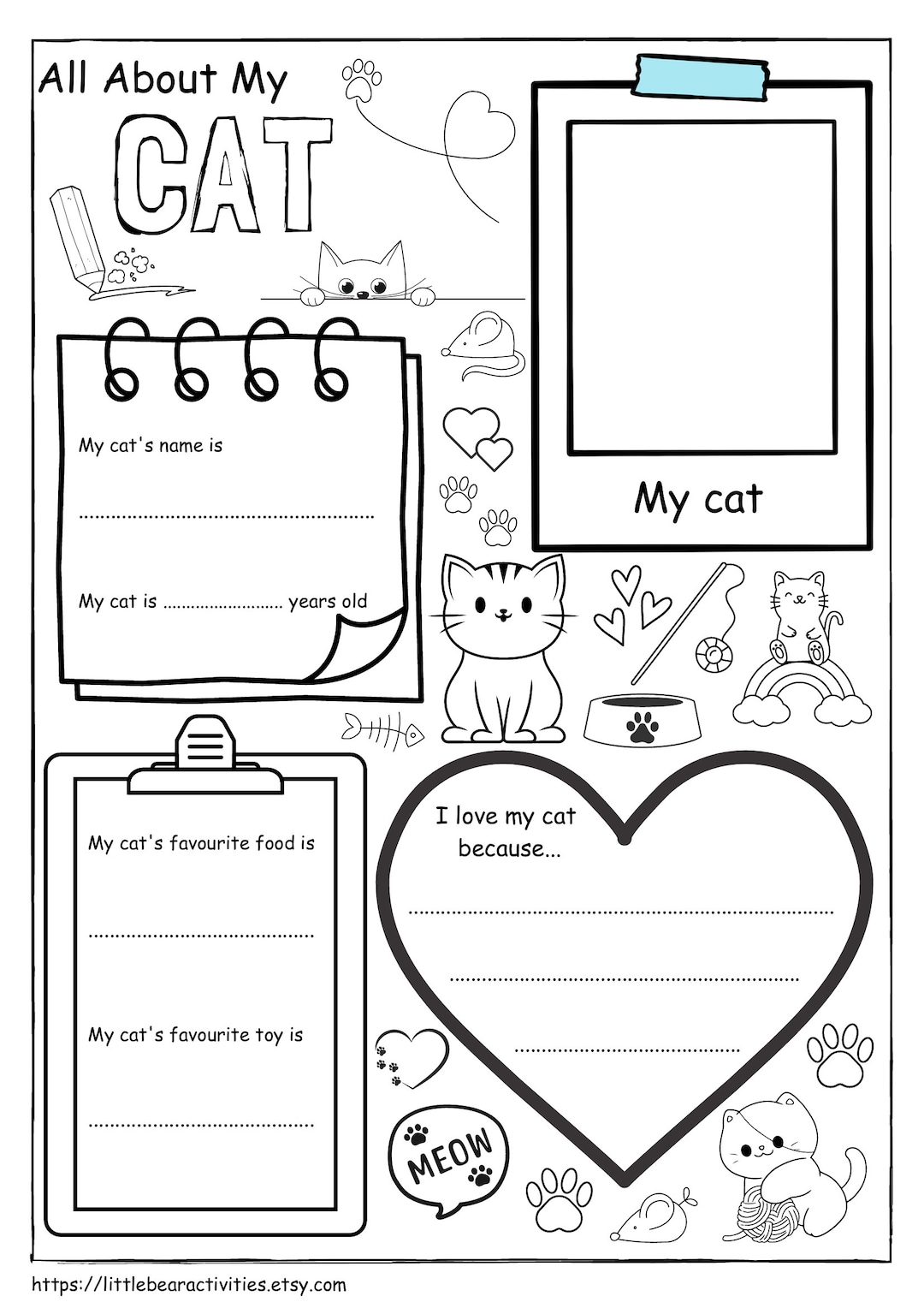All About My Cat, Digital Download Printable PDF, Activity Sheets for ...