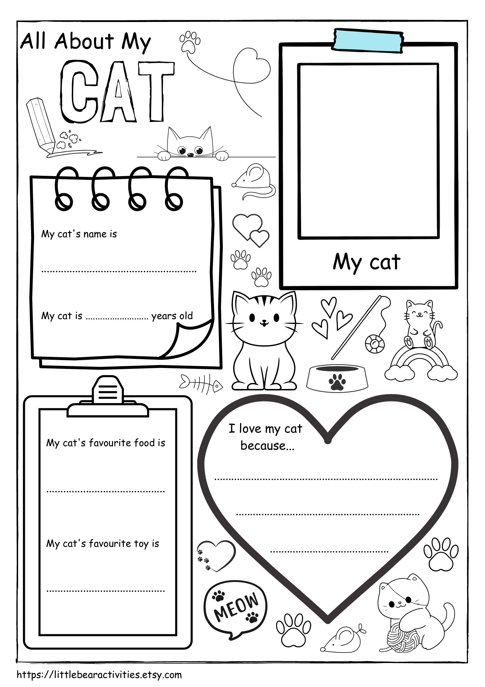 All About My Cat, Digital Download Printable PDF, Activity Sheets for ...