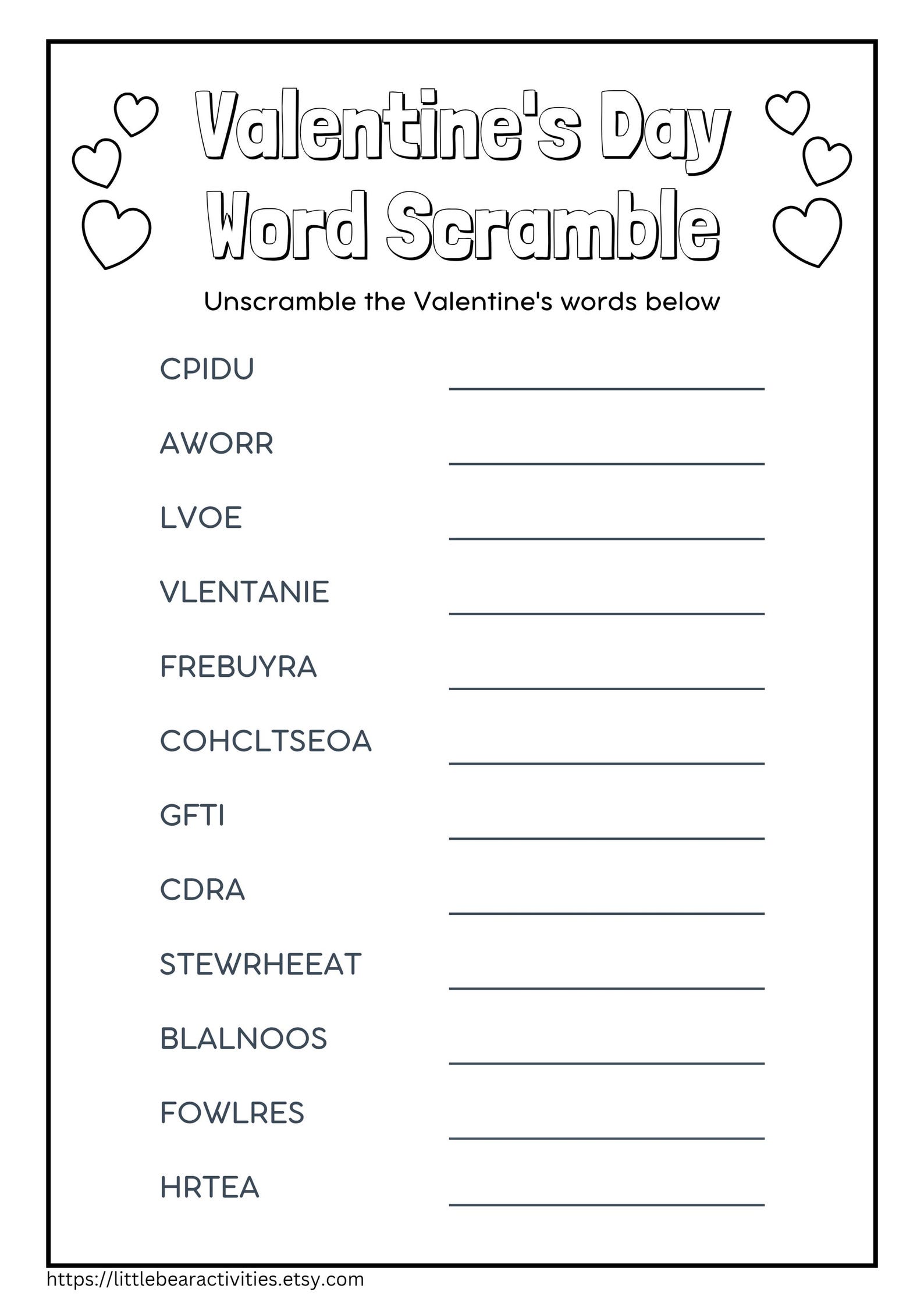 Word Scramble, Valentines Day Printable Activity Sheet PDF, Valentines ...