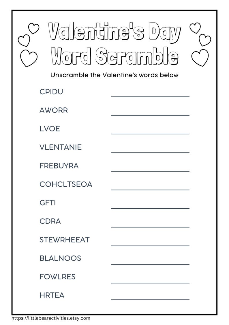 Word Scramble, Valentines Day Printable Activity Sheet PDF, Valentines ...
