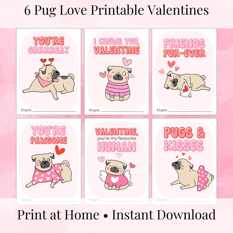 Printable Pug Love Valentines Instant Download Valentine Dog Valentine ...