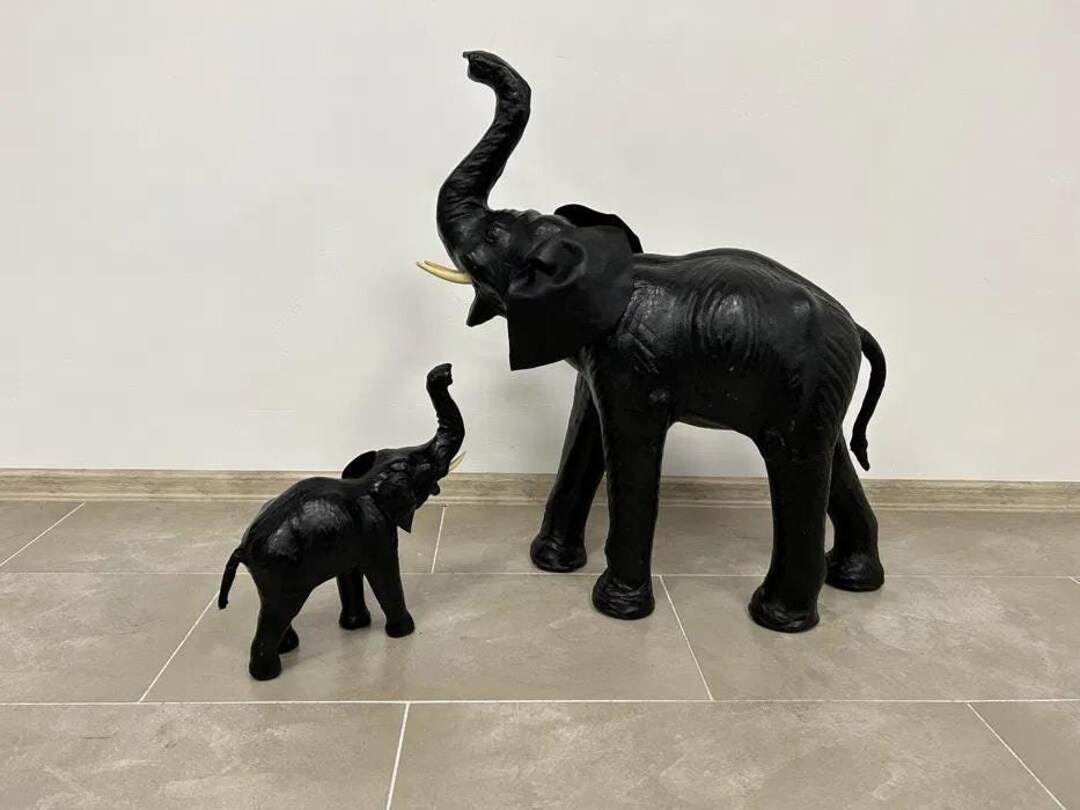 Vintage Pair Mother & Baby Leather Elephant Statues Figurines,antique ...
