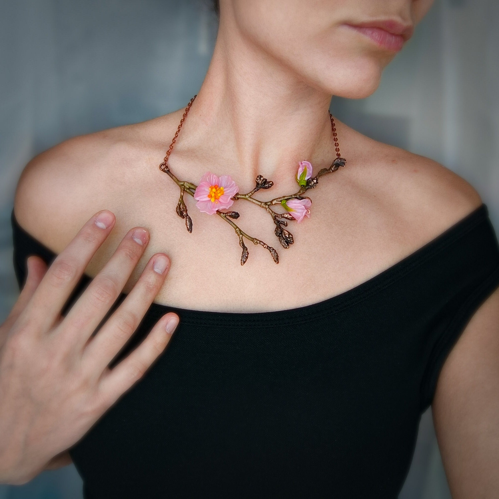 Cherry Blossom and Branch Necklace, Sakura Glass Flower Necklace ...