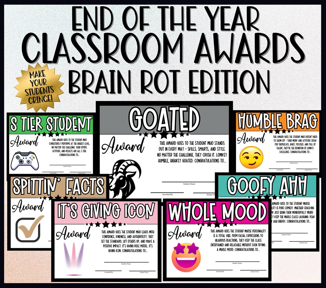 Funny End of Year Student Awards | Brain Rot Slang | Editable ...