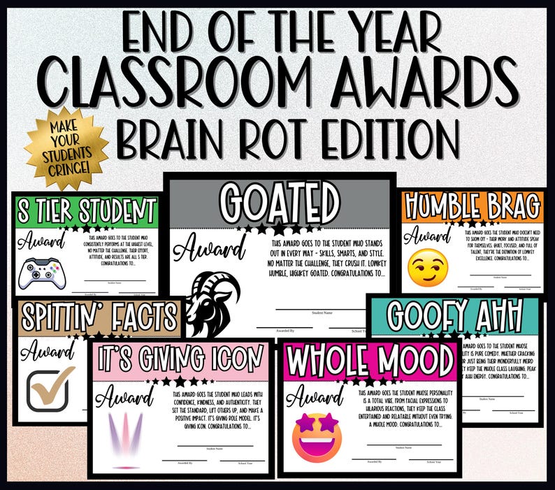 Funny End of Year Student Awards | Brain Rot Slang | Editable ...