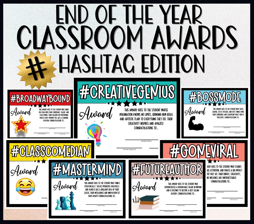 Hashtag Classroom Awards: Editable End of Year Certificates (PDF ...