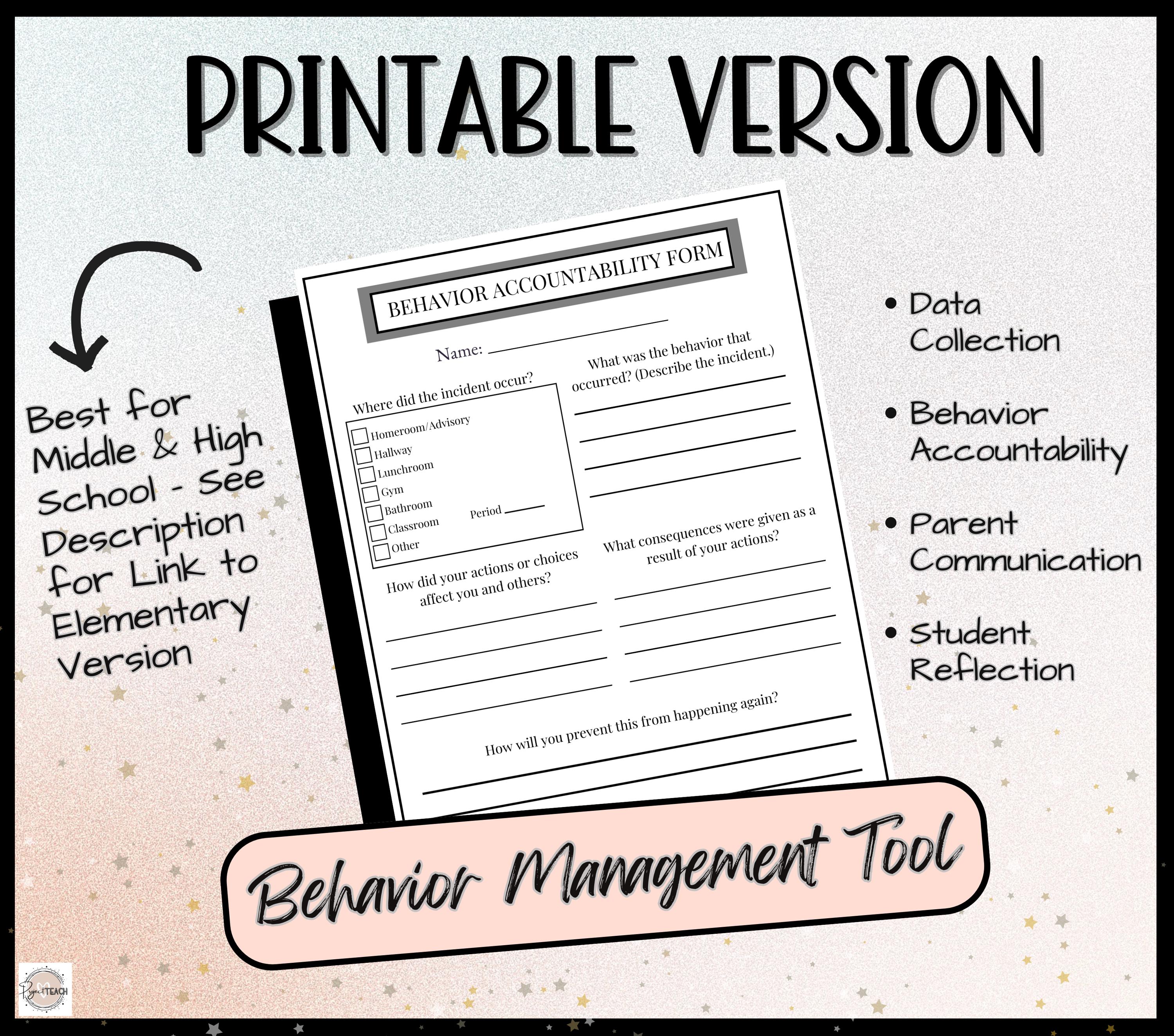 Middle and High School Behavior Accountability Form | Digital and ...