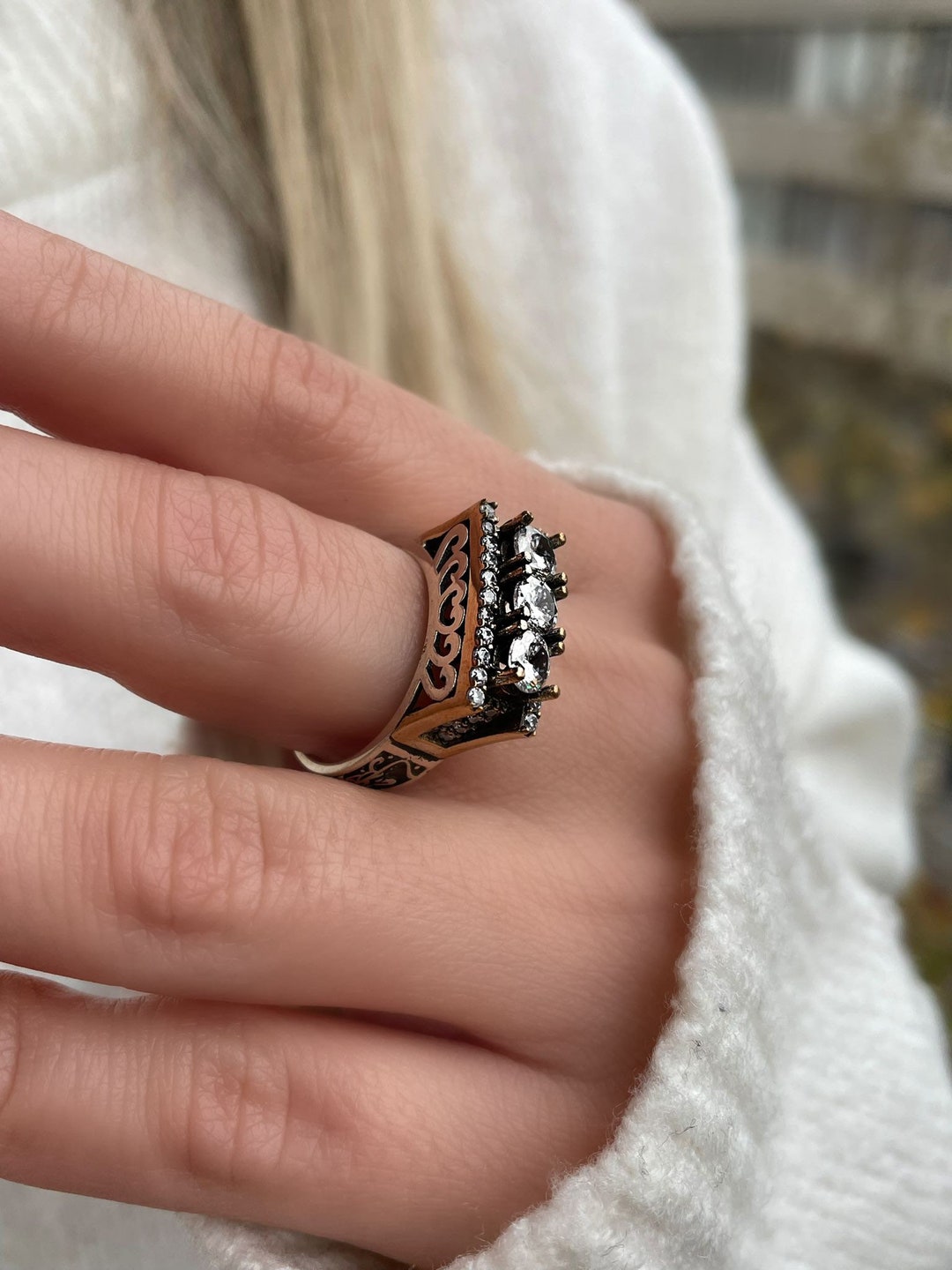 Three Stone Ring, Cubic Zircon Silver Ring, Cubic Zircon Stone Silver ...