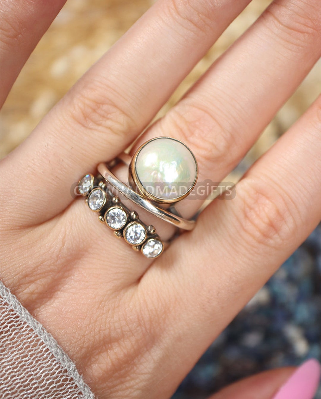 Pearl Silver Ring, Zircon Silver Ring, Five Stone Pearl Silver Ring ...