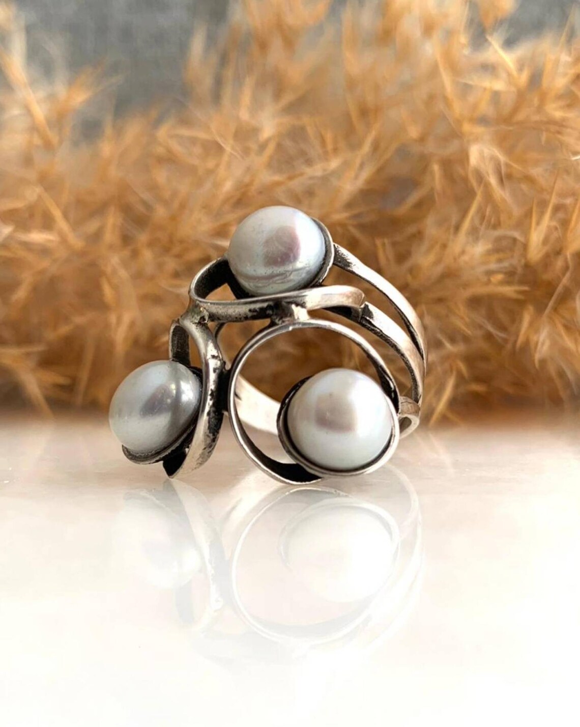 Three Pearl Stone Silver Ring Handmade Ring White Custom - Etsy