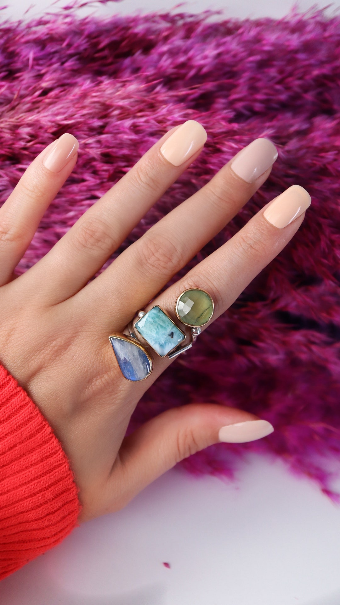 Three Gemstone Silver Ring, Silver Ring, 925 Sterling Silver Ring, 925 ...