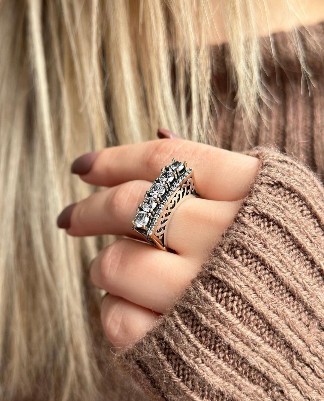 Five Stone Cubic Zircon Silver Ring, Cubic Zircon Silver Ring, Old Style Authentic Ring, Vintage ...