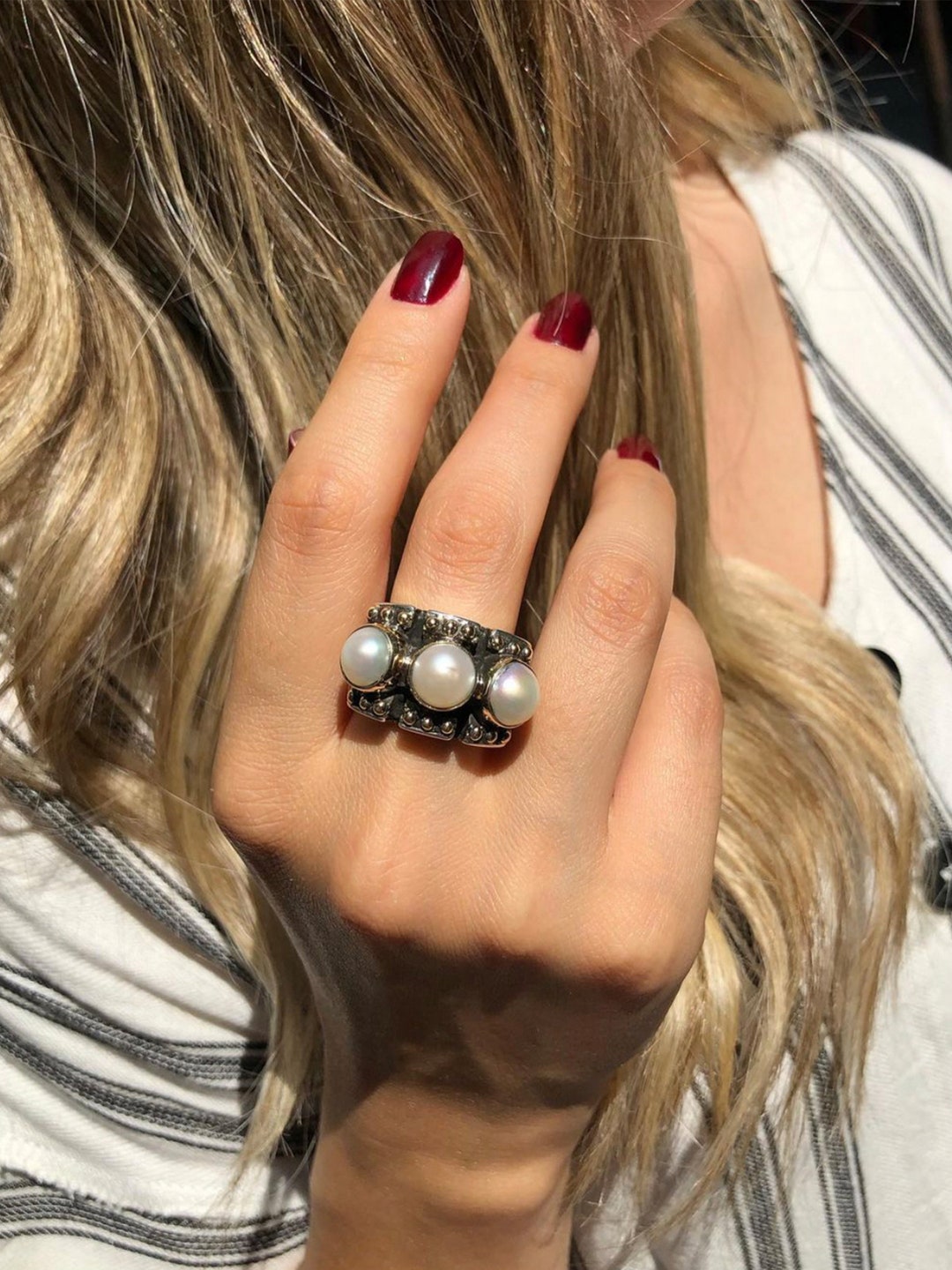 Three Stone Pearl Silver Ring, 925 Sterling Silver Ring, Pearl Silver Ring, Authentic Ring ...