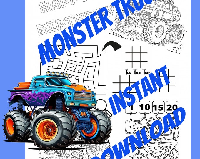Printable Monster Truck Kid Birthday Activity and Coloring Sheet ...