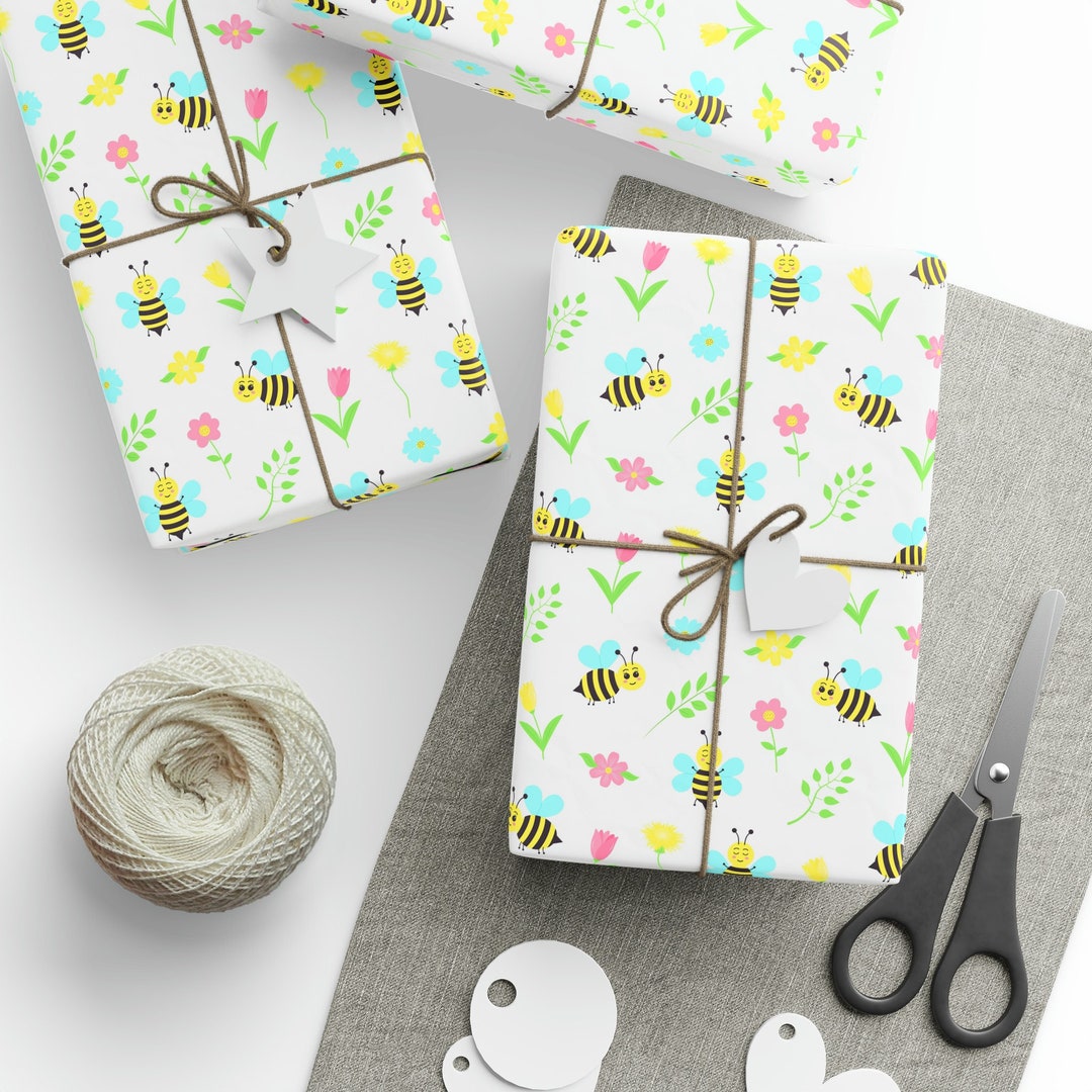 Spring Bee Wrapping Paper Roll, Bee and Flowers Gift Wrapping Paper ...