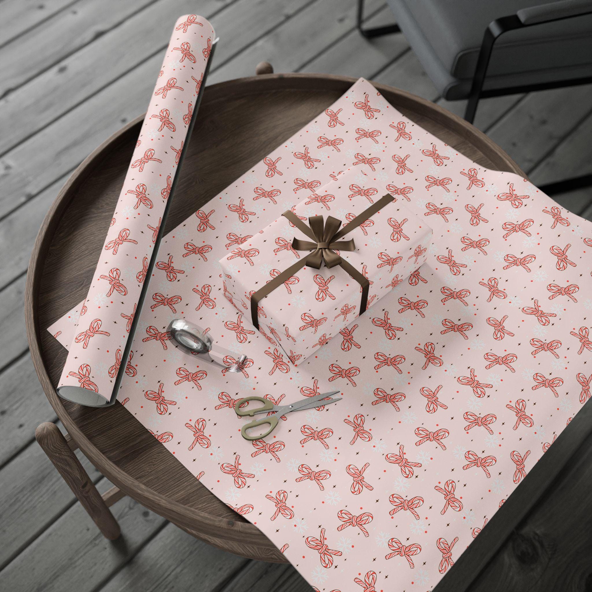Coquette Candy Cane Wrapping Paper, Cute Bow Designs for Christmas ...