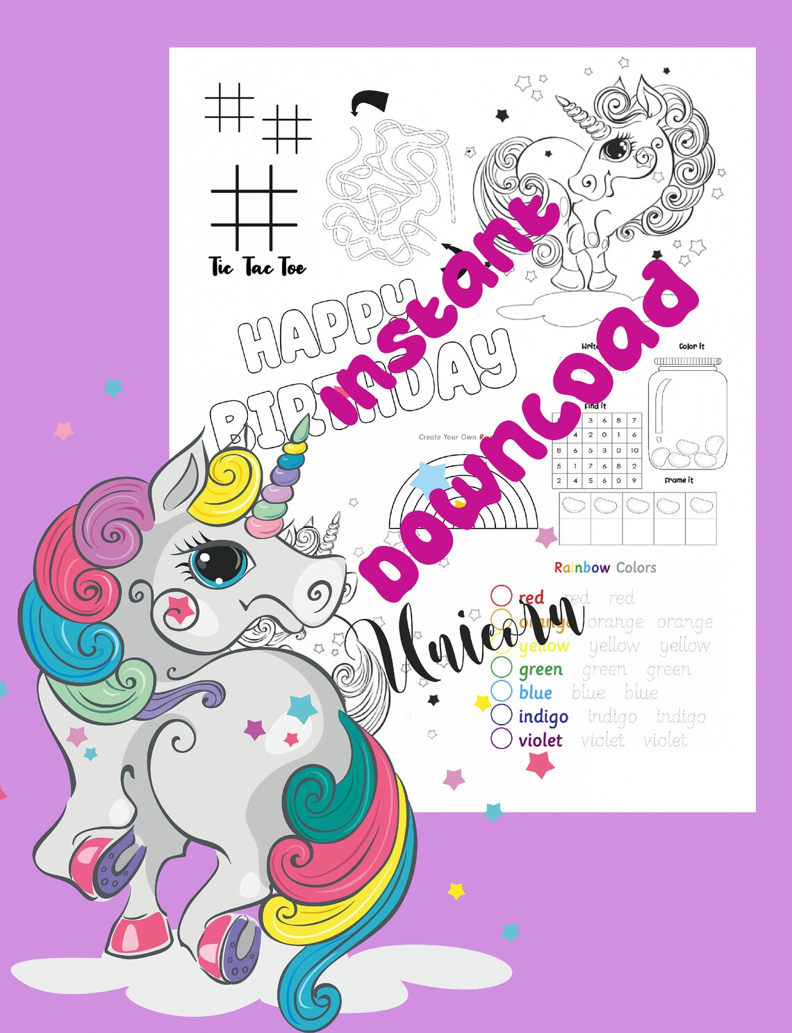 Printable Unicorn 5 Birthday Kids Activity and Coloring Sheet ...